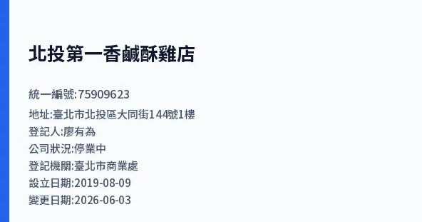 北投第一香鹹酥雞店的照片-統編 75909623(臺北市) 公司登記資料與營業項目詳細圖表