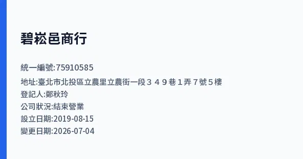 碧崧邑商行的照片-統編 75910585(臺北市) 公司登記資料與營業項目詳細圖表