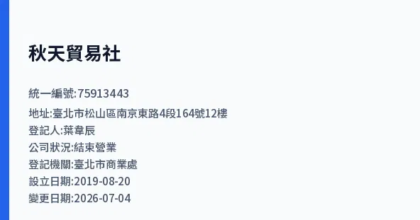 秋天貿易社的照片-統編 75913443(臺北市) 公司登記資料與營業項目詳細圖表