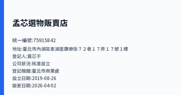 孟芯選物販賣店的照片-統編 75915842(臺北市) 公司登記資料與營業項目詳細圖表