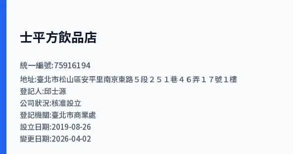 士平方飲品店的照片-統編 75916194(臺北市) 公司登記資料與營業項目詳細圖表