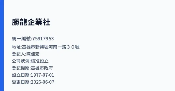 勝龍企業社的照片-統編 75917953(高雄市) 公司登記資料與營業項目詳細圖表