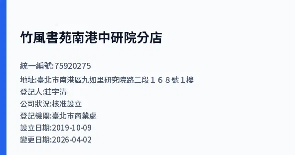 竹風書苑南港中研院分店的照片-統編 75920275(臺北市) 公司登記資料與營業項目詳細圖表