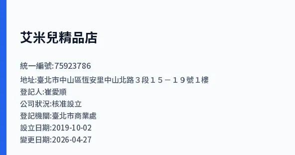 艾米兒精品店的照片-統編 75923786(臺北市) 公司登記資料與營業項目詳細圖表