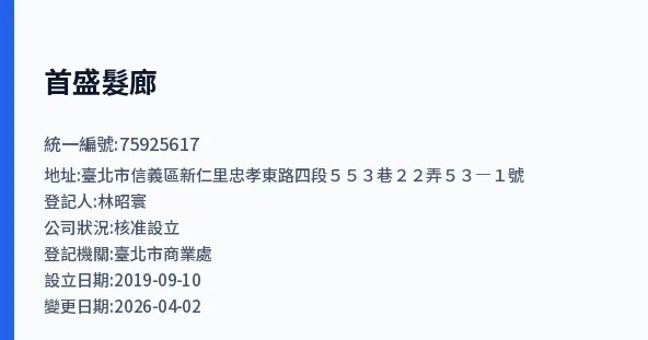 首盛髮廊的照片-統編 75925617(臺北市) 公司登記資料與營業項目詳細圖表