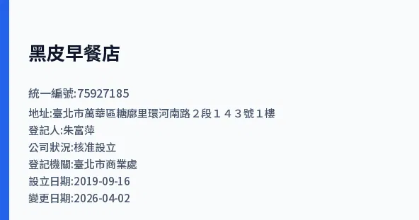 黑皮早餐店的照片-統編 75927185(臺北市) 公司登記資料與營業項目詳細圖表