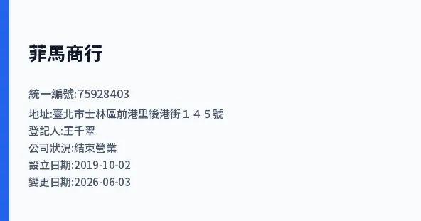 菲馬商行的照片-統編 75928403(臺北市) 公司登記資料與營業項目詳細圖表