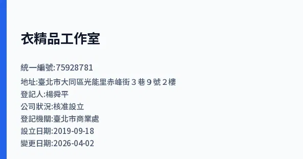 衣精品工作室的照片-統編 75928781(臺北市) 公司登記資料與營業項目詳細圖表