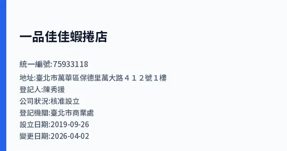 一品佳佳蝦捲店的照片-統編 75933118(臺北市) 公司登記資料與營業項目詳細圖表