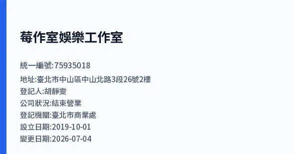 莓作室娛樂工作室的照片-統編 75935018(臺北市) 公司登記資料與營業項目詳細圖表