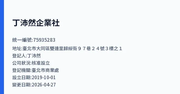 丁沛然企業社的照片-統編 75935283(臺北市) 公司登記資料與營業項目詳細圖表
