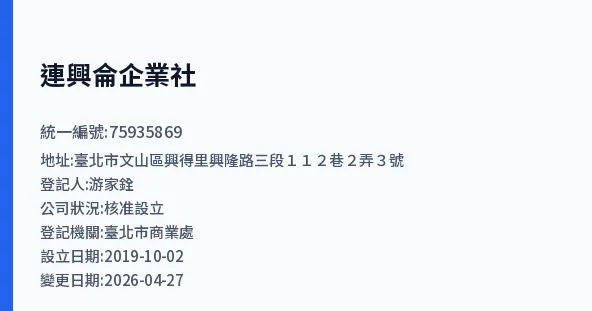 連興侖企業社的照片-統編 75935869(臺北市) 公司登記資料與營業項目詳細圖表