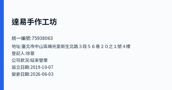 達易手作工坊的照片-統編 75938063(臺北市) 公司登記資料與營業項目詳細圖表