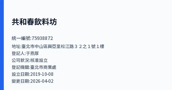 共和春飲料坊的照片-統編 75938872(臺北市) 公司登記資料與營業項目詳細圖表