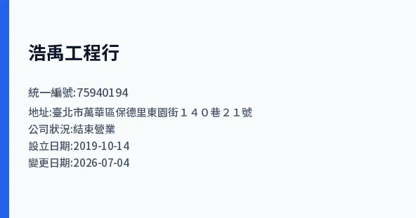 浩禹工程行的照片-統編 75940194(臺北市) 公司登記資料與營業項目詳細圖表