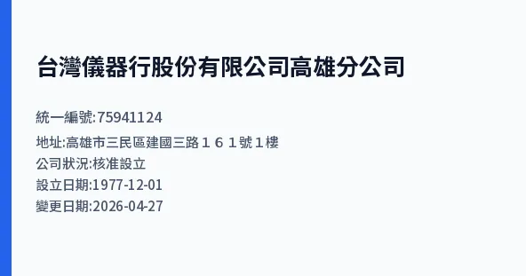 台灣儀器行股份有限公司高雄分公司的照片-統編 75941124(高雄市) 公司登記資料與營業項目詳細圖表