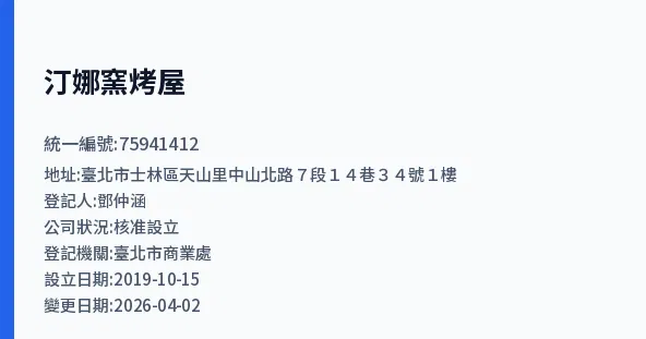 汀娜窯烤屋的照片-統編 75941412(臺北市) 公司登記資料與營業項目詳細圖表