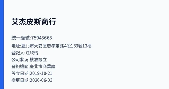 艾杰皮斯商行的照片-統編 75943663(臺北市) 公司登記資料與營業項目詳細圖表