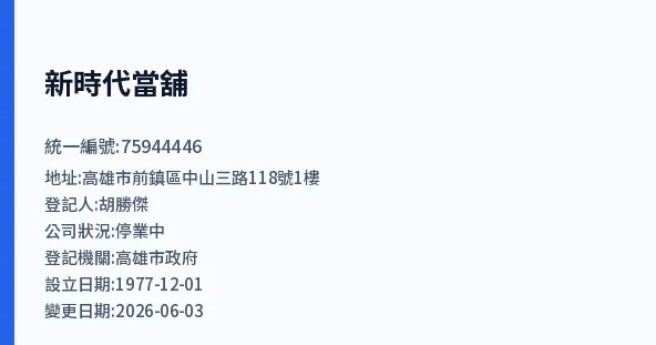 新時代當舖的照片-統編 75944446(高雄市) 公司登記資料與營業項目詳細圖表