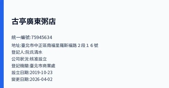 古亭廣東粥店的照片-統編 75945634(臺北市) 公司登記資料與營業項目詳細圖表
