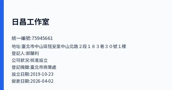 日昌工作室的照片-統編 75945661(臺北市) 公司登記資料與營業項目詳細圖表