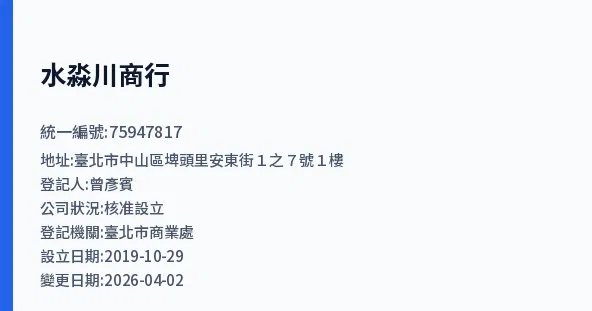 水淼川商行的照片-統編 75947817(臺北市) 公司登記資料與營業項目詳細圖表