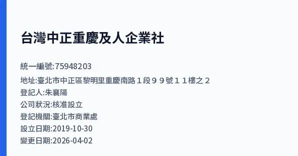 台灣中正重慶及人企業社的照片-統編 75948203(臺北市) 公司登記資料與營業項目詳細圖表