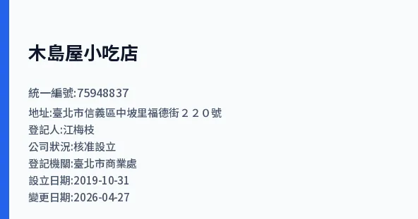 木島屋小吃店的照片-統編 75948837(臺北市) 公司登記資料與營業項目詳細圖表