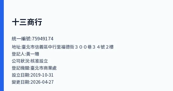 十三商行的照片-統編 75949174(臺北市) 公司登記資料與營業項目詳細圖表