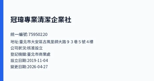 冠瑋專業清潔企業社的照片-統編 75950220(臺北市) 公司登記資料與營業項目詳細圖表