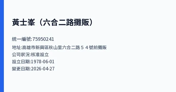 黃士峯(六合二路攤販)的照片-統編 75950241(高雄市) 公司登記資料與營業項目詳細圖表