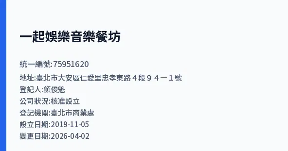 一起娛樂音樂餐坊的照片-統編 75951620(臺北市) 公司登記資料與營業項目詳細圖表
