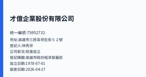 才億企業股份有限公司的照片-統編 75952732(高雄市) 公司登記資料與營業項目詳細圖表