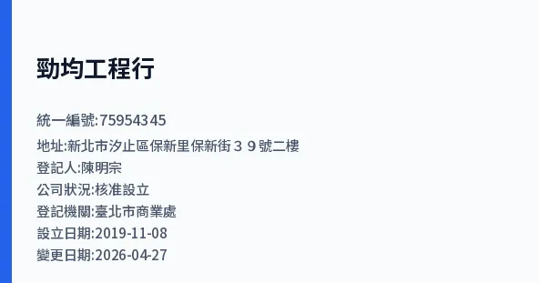 勁均工程行的照片-統編 75954345(新北市) 公司登記資料與營業項目詳細圖表