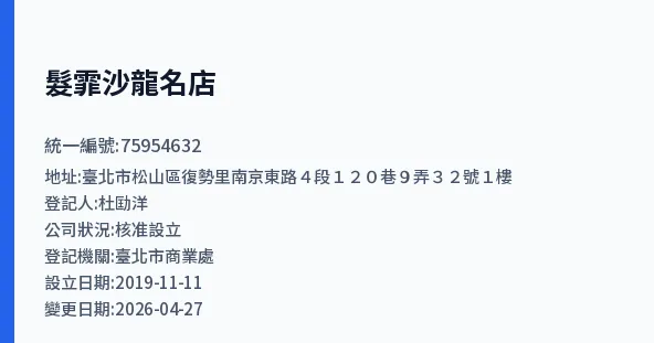 髮霏沙龍名店的照片-統編 75954632(臺北市) 公司登記資料與營業項目詳細圖表