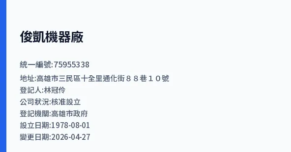 俊凱機器廠的照片-統編 75955338(高雄市) 公司登記資料與營業項目詳細圖表