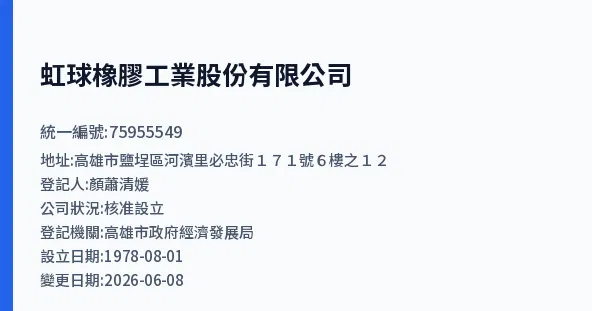 虹球橡膠工業股份有限公司的照片-統編 75955549(高雄市) 公司登記資料與營業項目詳細圖表