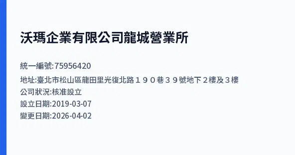 沃瑪企業有限公司龍城營業所的照片-統編 75956420(臺北市) 公司登記資料與營業項目詳細圖表