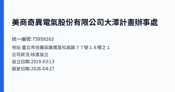 美商奇異電氣股份有限公司大潭計畫辦事處的照片-統編 75959263(臺北市) 公司登記資料與營業項目詳細圖表