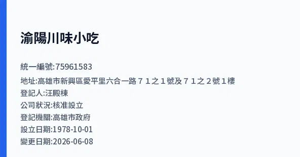 渝陽川味小吃的照片-統編 75961583(高雄市) 公司登記資料與營業項目詳細圖表