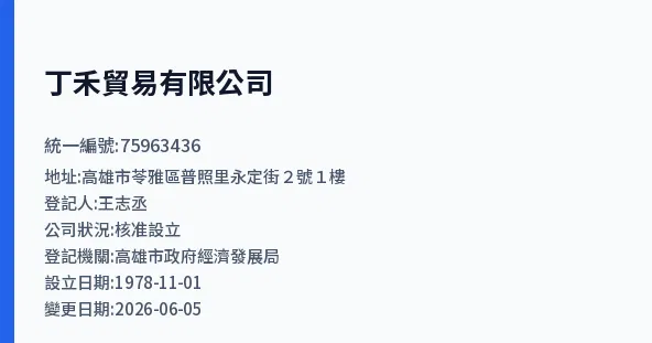 丁禾貿易有限公司的照片-統編 75963436(高雄市) 公司登記資料與營業項目詳細圖表