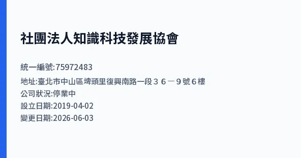 社團法人知識科技發展協會的照片-統編 75972483(臺北市) 公司登記資料與營業項目詳細圖表