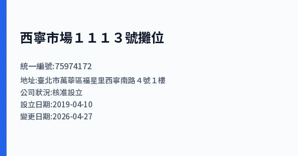 西寧市場1113號攤位的照片-統編 75974172(臺北市) 公司登記資料與營業項目詳細圖表