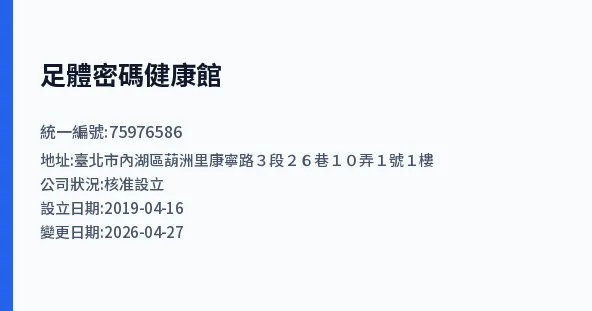 足體密碼健康館的照片-統編 75976586(臺北市) 公司登記資料與營業項目詳細圖表