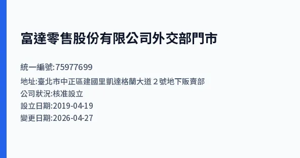 富達零售股份有限公司外交部門市的照片-統編 75977699(臺北市) 公司登記資料與營業項目詳細圖表
