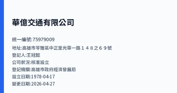 華億交通有限公司的照片-統編 75979009(高雄市) 公司登記資料與營業項目詳細圖表