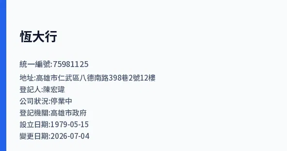 恆大行的照片-統編 75981125(高雄市) 公司登記資料與營業項目詳細圖表