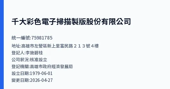 千大彩色電子掃描製版股份有限公司的照片-統編 75981785(高雄市) 公司登記資料與營業項目詳細圖表