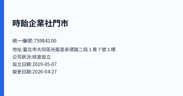 時飴企業社門市的照片-統編 75984100(臺北市) 公司登記資料與營業項目詳細圖表