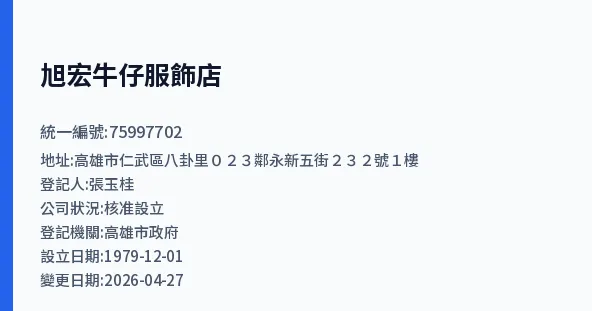 旭宏牛仔服飾店的照片-統編 75997702(高雄市) 公司登記資料與營業項目詳細圖表